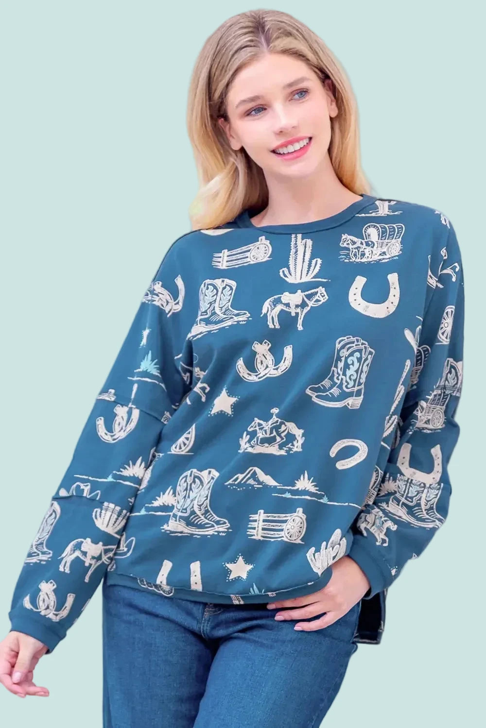 Western Printed Top - Navy Taelyn Raw Edge Cowboy Motif Cotton Crew – Spot