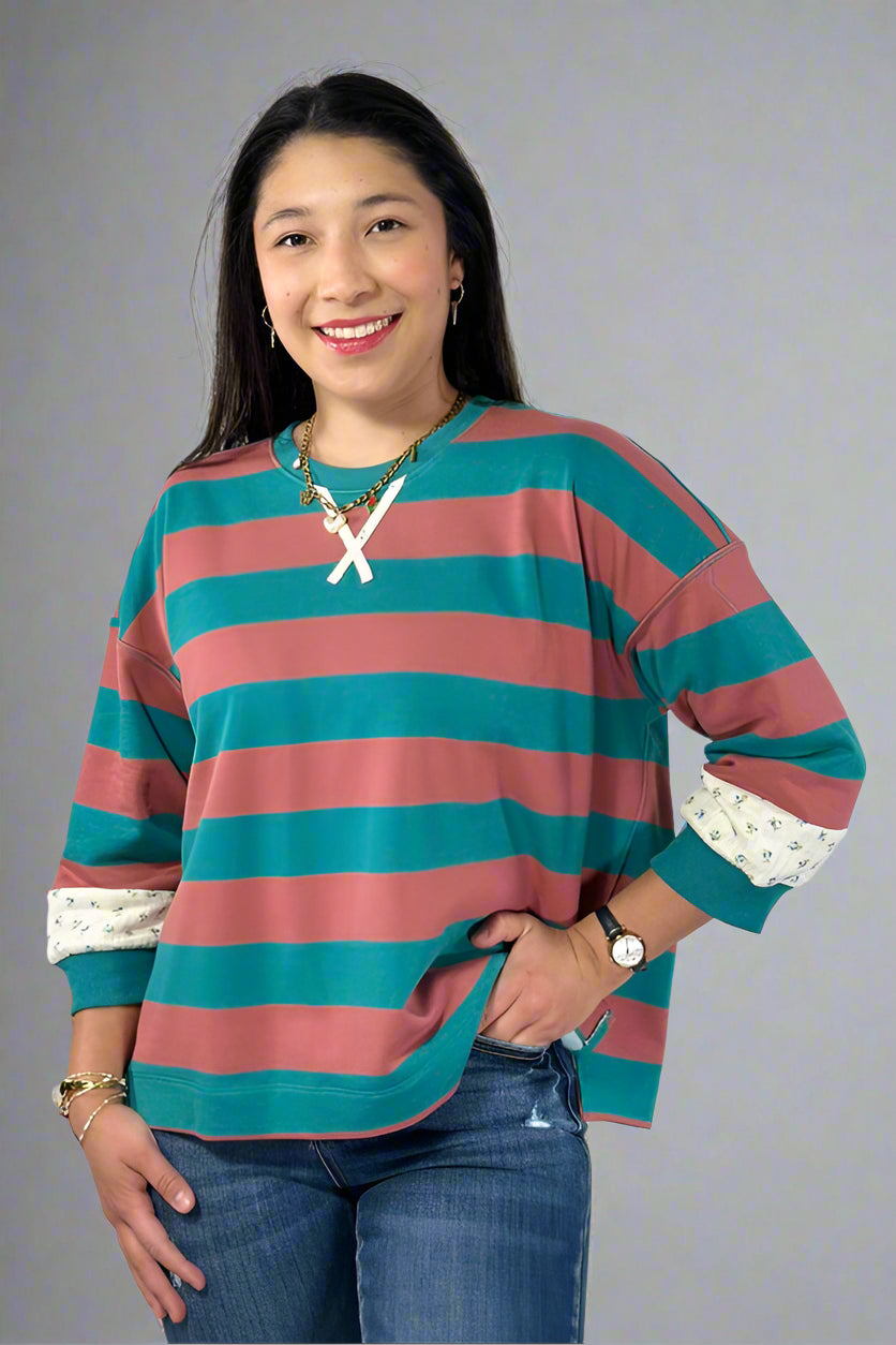Floral Contrast Striped Top - Teal Wishlist Mauve Split Hem Sweatshirt ...