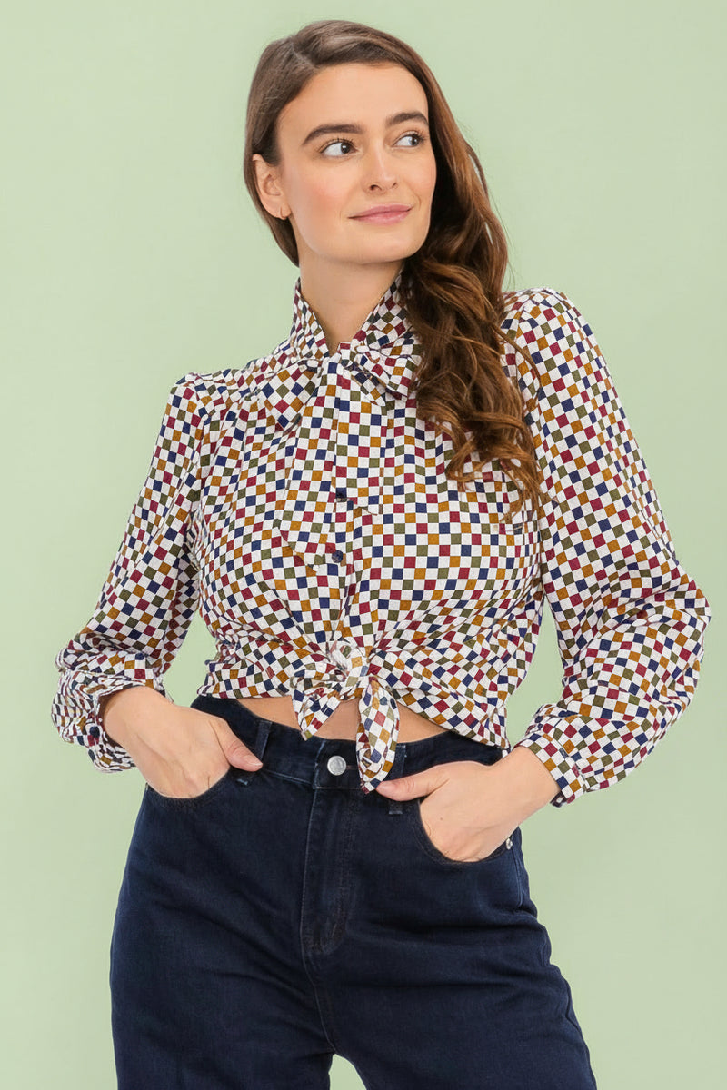 Checkered Print Bow Top - Multi Tulip B Retro Tie Neck Blouse 70s – Spot