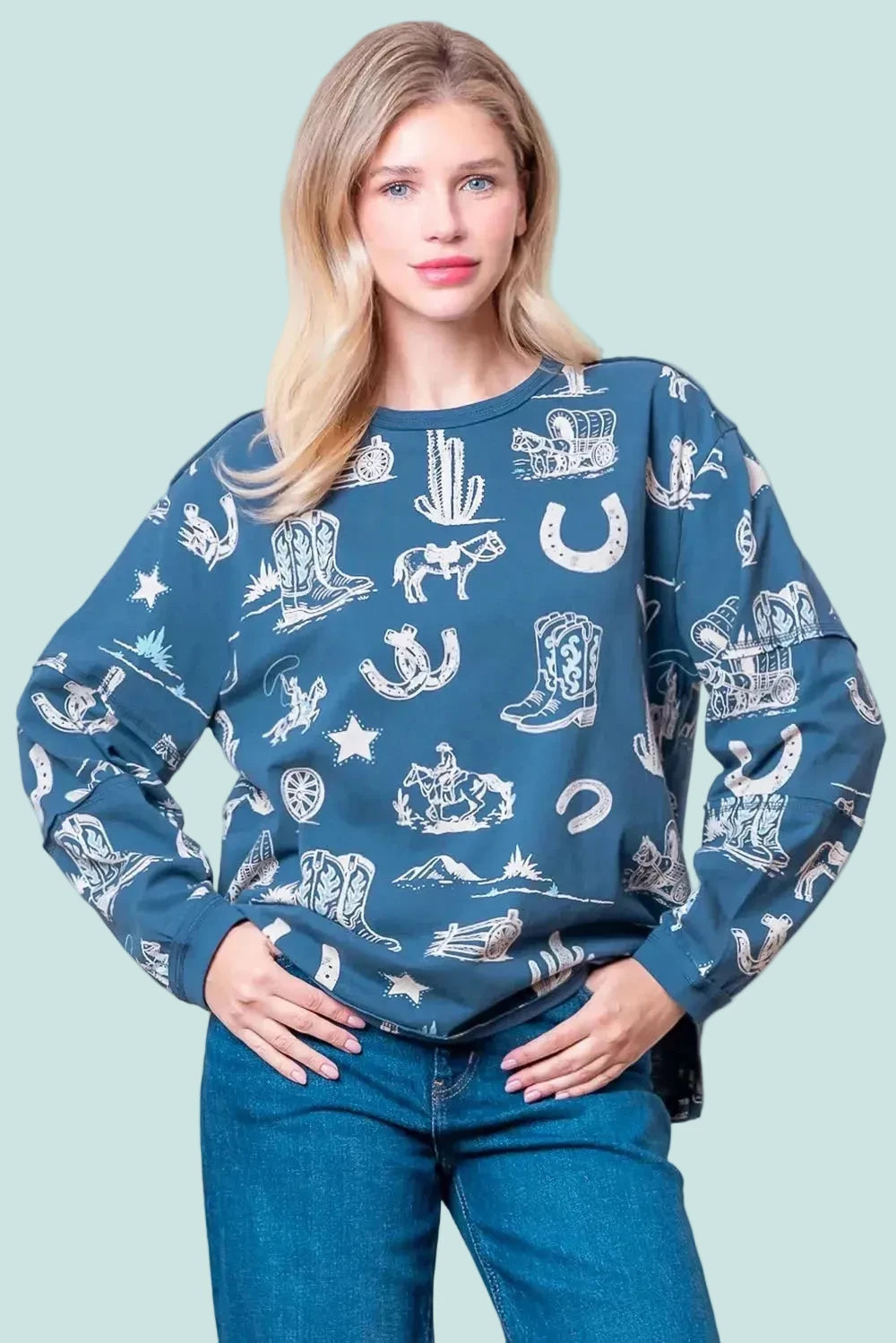 Western Printed Top - Navy Taelyn Raw Edge Cowboy Motif Cotton Crew – Spot
