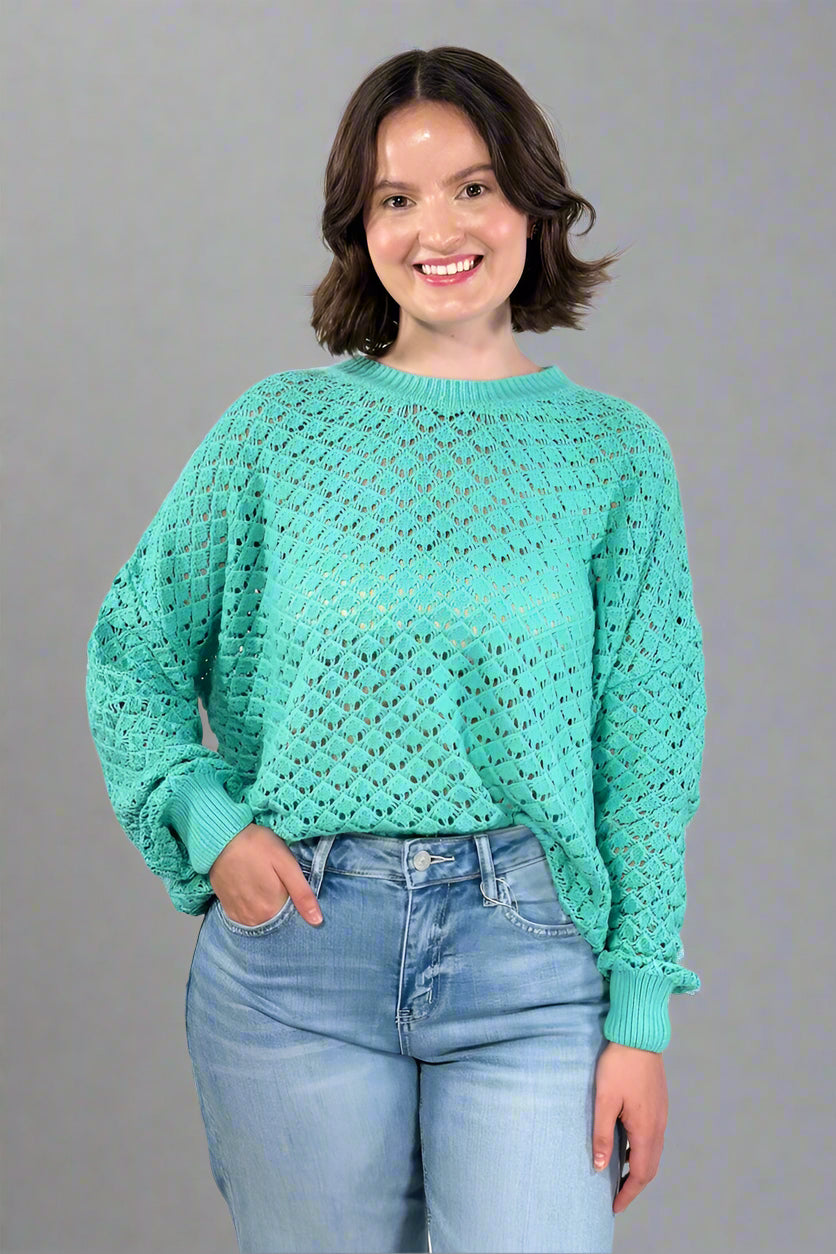Light Weight Open Knit Sweater - Atlantis Green Turquoise Long Sleeve ...