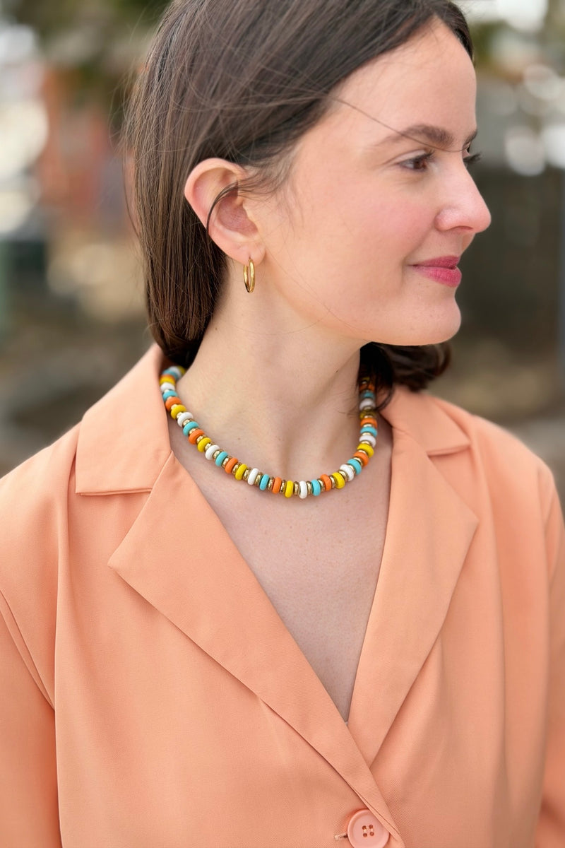 Colorful Wood Disk Bead Necklace - Multi Color Metal Layer Statement – Spot
