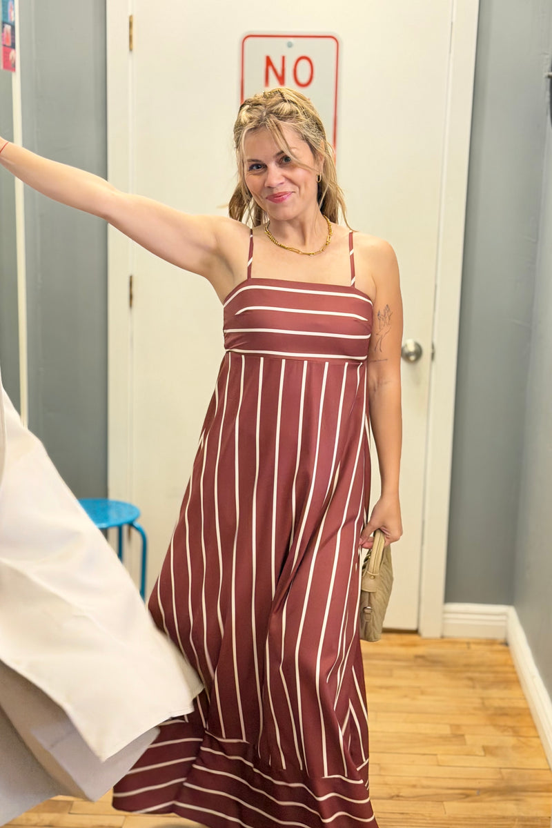 Stripe Strap Maxi Dress - Coffee Elegant Lightweight Smocked Back – Spot