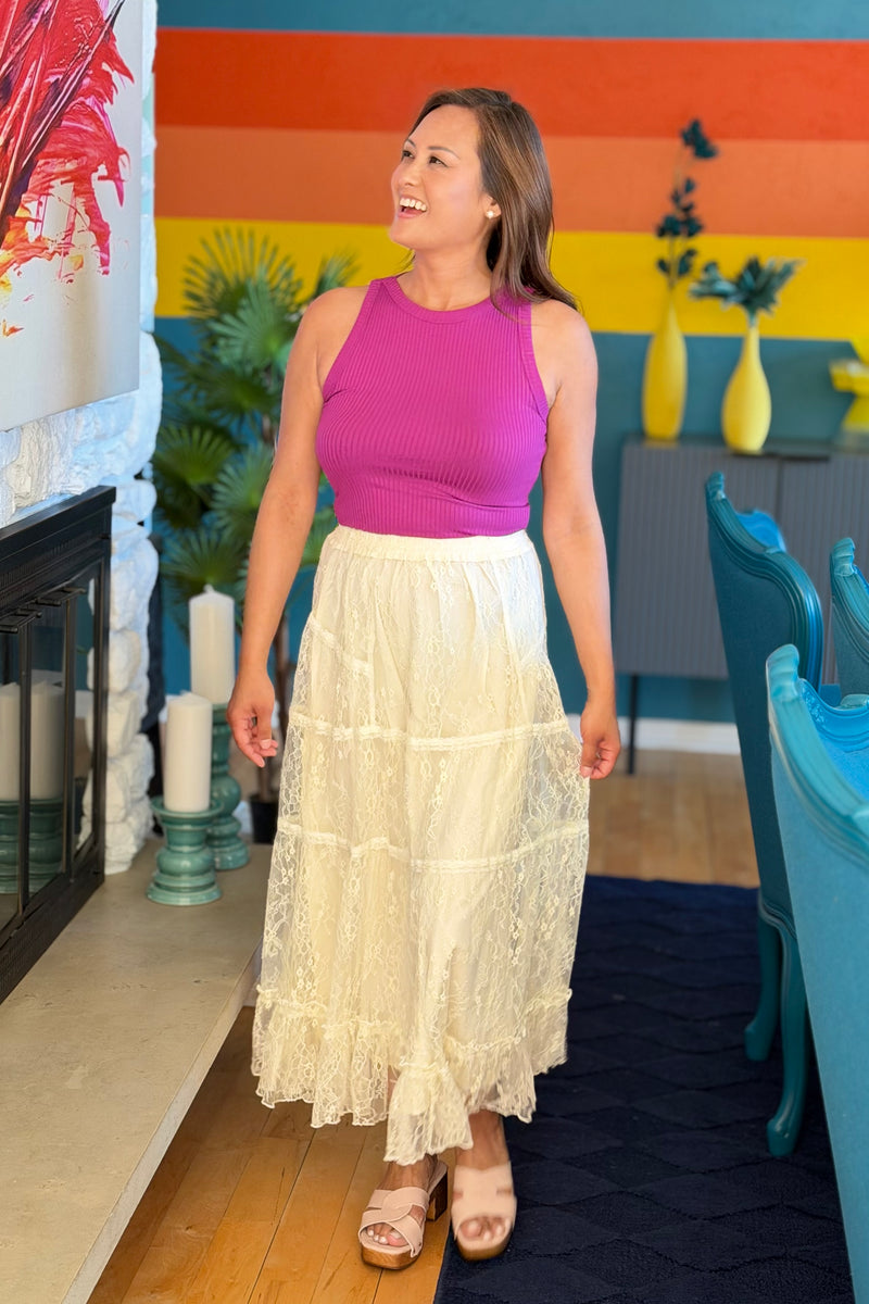 Tiered Lace Midi Skirt - Ecru Forte Midi Elastic Waist Boho Chic – Spot