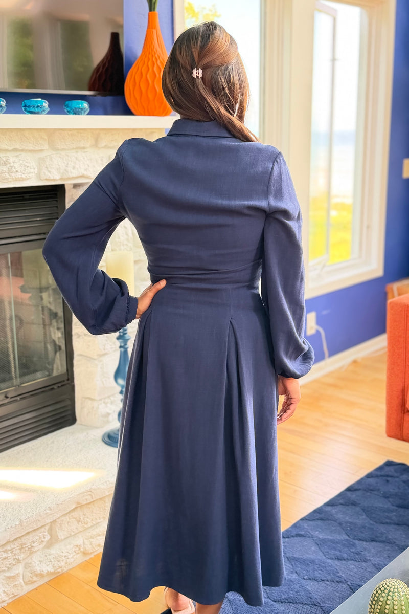 Front Lace Collar Dress - Navy Nicabel Long Sleeves Midi Style Buttons ...